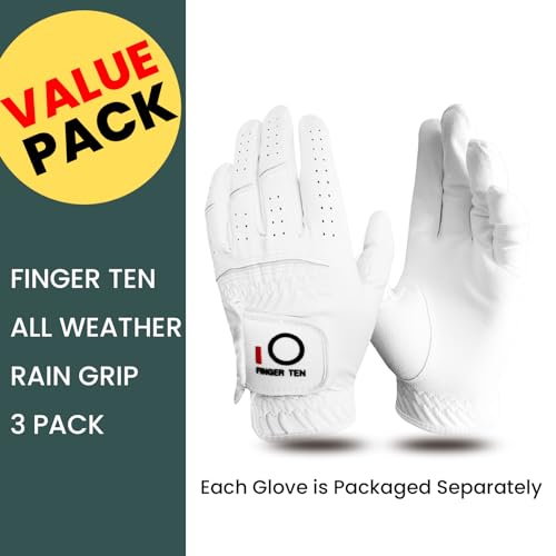 FINGER TEN Golf Gloves Men Left Right Hand Rain Grip Value 3 Pack, All Weather Durable Grip Size Small Medium Large XL White Black Blue Red Brown (White, X-Large, Left)