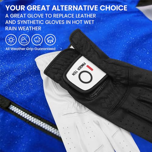 FINGER TEN Golf Gloves Men Left Right Hand Rain Grip Value 3 Pack, All Weather Durable Grip Size Small Medium Large XL White Black Blue Red Brown (White, X-Large, Left)