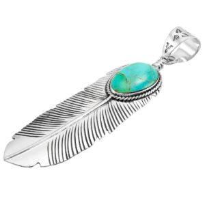 Turquoise Feather Pendant Necklace in Sterling Silver 925 & Genuine Turquoise (20" Length) (Large Turquoise)