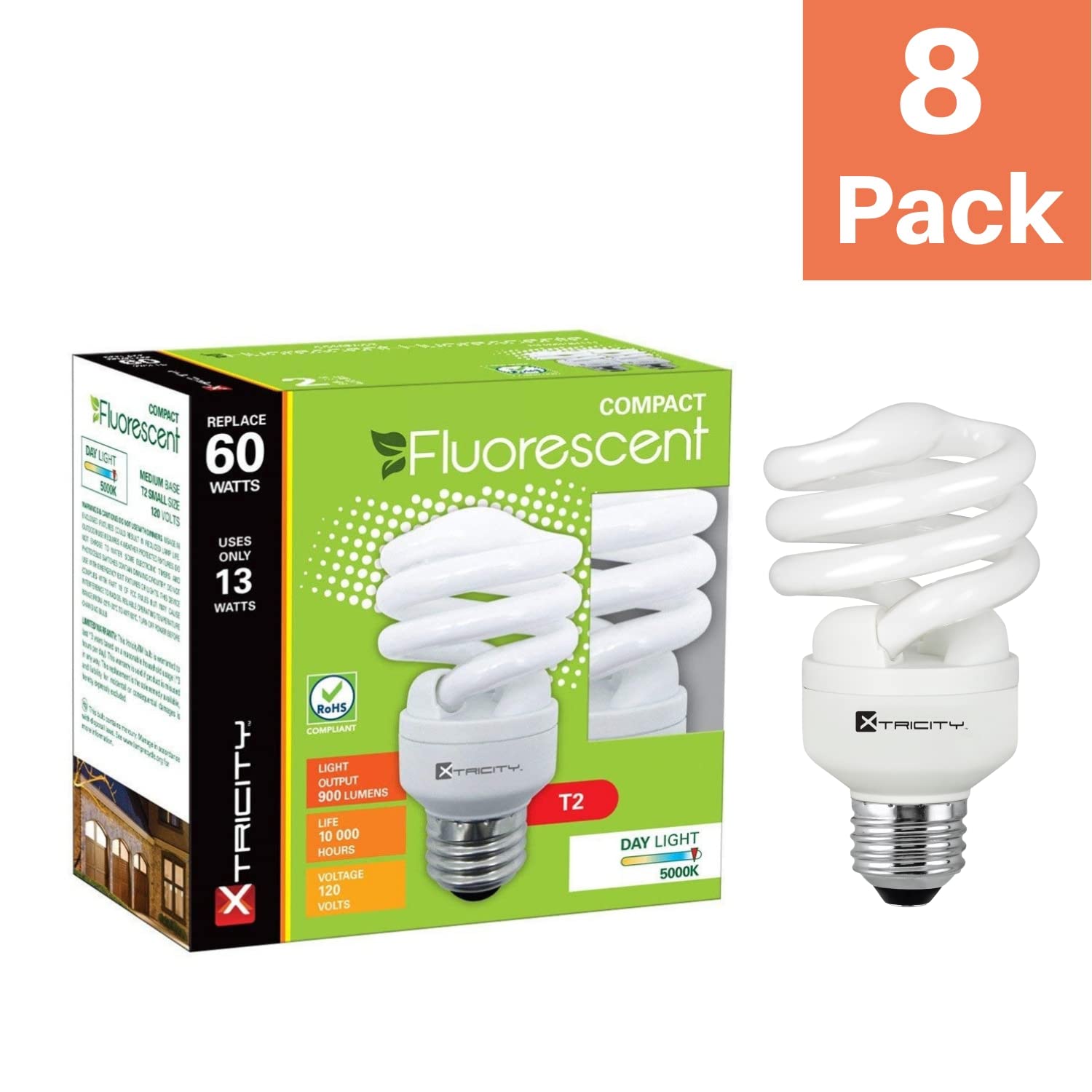 Xtricity Compact Fluorescent Light Bulbs T2 Spiral, E26 Base, 13W (60W Equivalent), 5000k Daylight, 900 Lumens, CFL, 120V - UL Listed, (8 Pack)