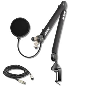 rode psa1+ pro studio boom arm for podcasting and streaming with quick release mic stand adapter, microphone pop filter, professional grade xlr cable and streameye polishing cloth