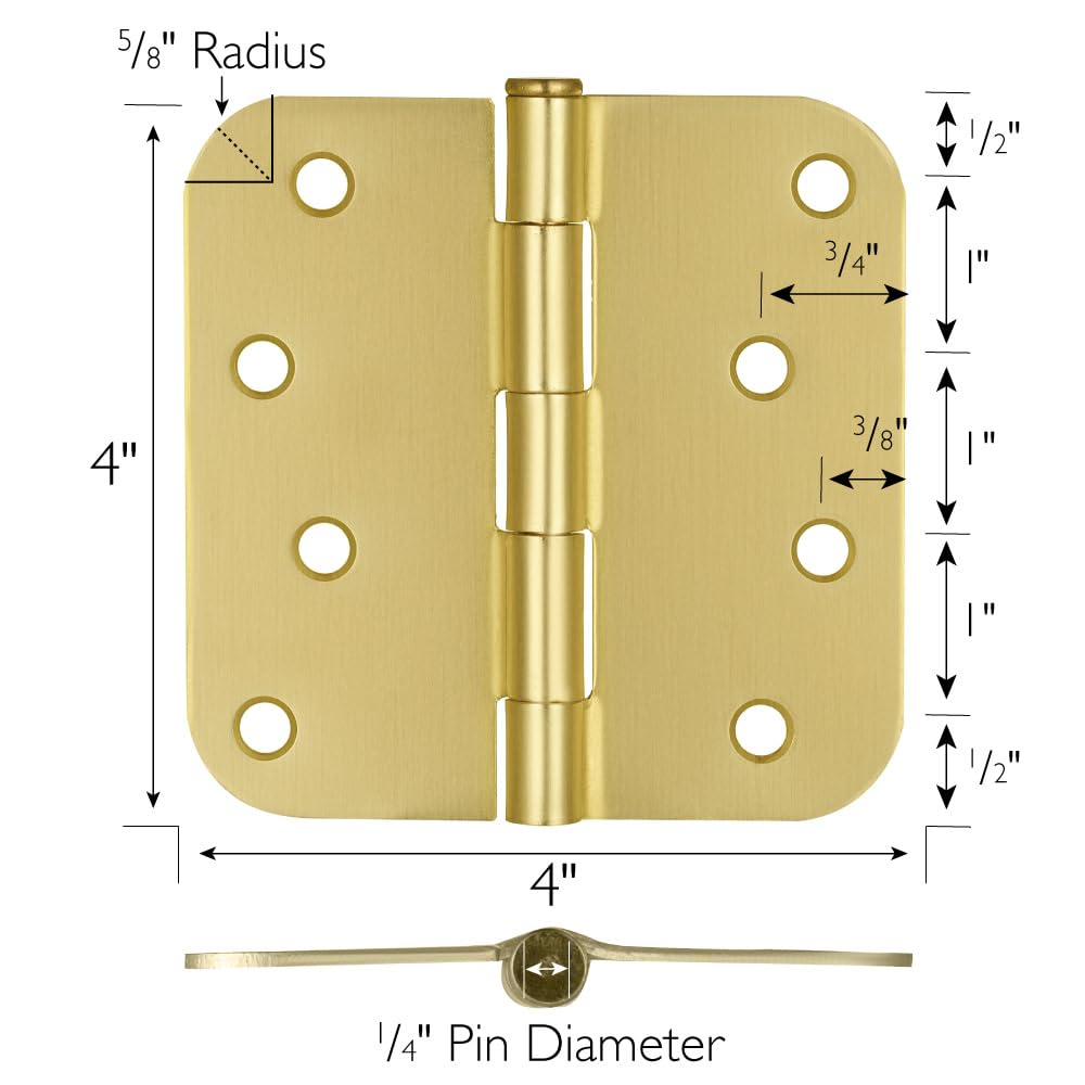 Door Hinges for Interior Doors 3-Pack 4-inch x 4-inch, Design House 5/8-inch Radius Steel Door Hinge Door Hardware, Satin Brass, 181578