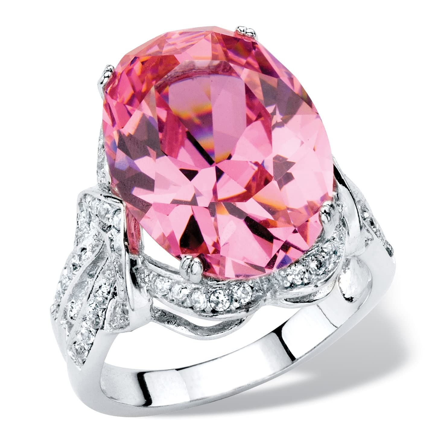 PalmBeach Platinum-Plated Oval Shaped Pink Cubic Zirconia Ring Sizes 6-10 Size 7