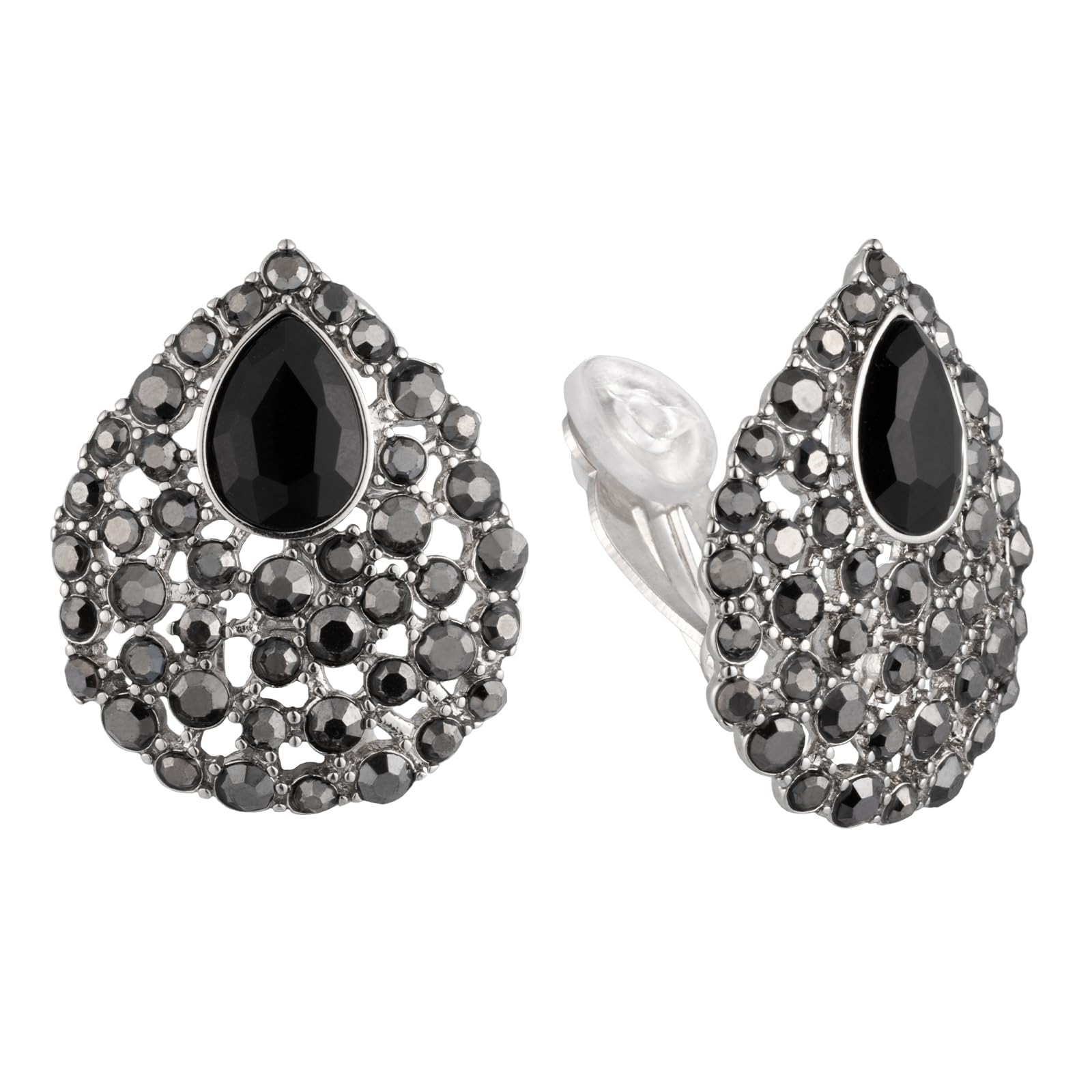 SELOVO Austrian Crystal Teardrop Clip on Stud Earrings Silver Tone (black-clip on)