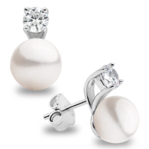 women pearl stud earrings, fresh water cultured pearls button shape 8-9 mm with a cubic zirconia stone by secret & you | sterling silver 925 mounts with big nuts.