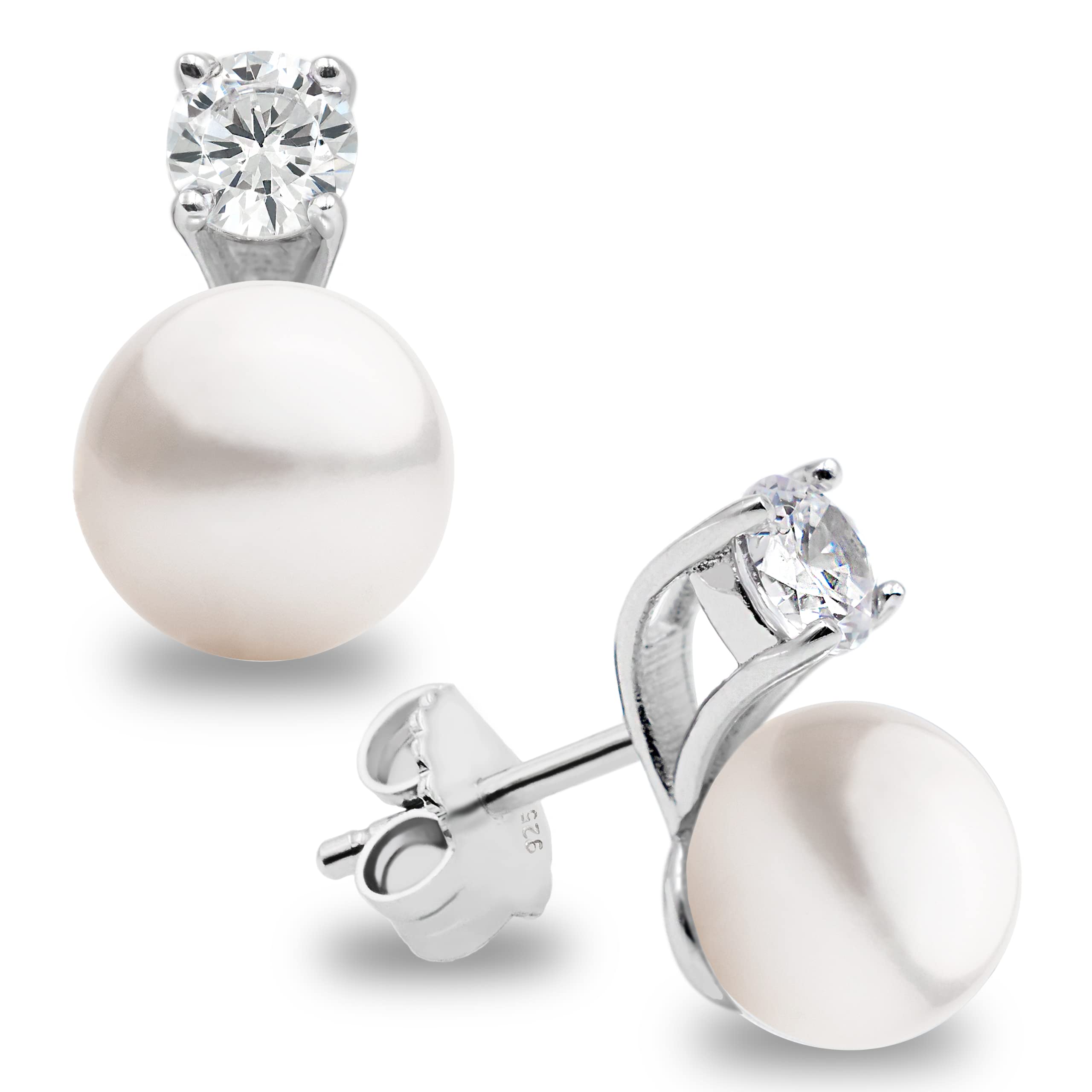 Women Pearl Stud Earrings, Fresh Water Cultured Pearls Button Shape 8-9 mm with a Cubic Zirconia Stone by Secret & You | Sterling Silver 925 Mounts with big nuts.