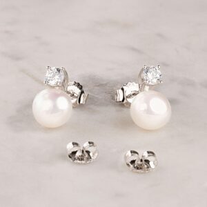 Women Pearl Stud Earrings, Fresh Water Cultured Pearls Button Shape 8-9 mm with a Cubic Zirconia Stone by Secret & You | Sterling Silver 925 Mounts with big nuts.