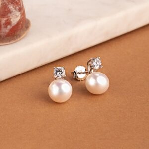 Women Pearl Stud Earrings, Fresh Water Cultured Pearls Button Shape 8-9 mm with a Cubic Zirconia Stone by Secret & You | Sterling Silver 925 Mounts with big nuts.