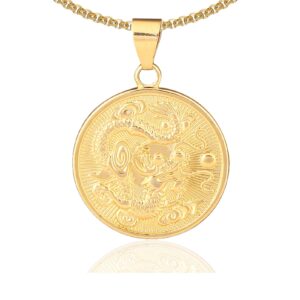 fusamk hip hop 18k alloy dragon round tag pendant coin necklace(gold)