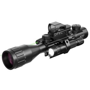 hiram 4-16x50 ao rifle scope combo with green laser, reflex sight, and 5 brightness modes flashlight