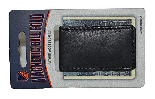 Leatherboss Genuine Leather Slim Magnetic Minimalist Bifold Money Clip Cash Holder Wallet, Black