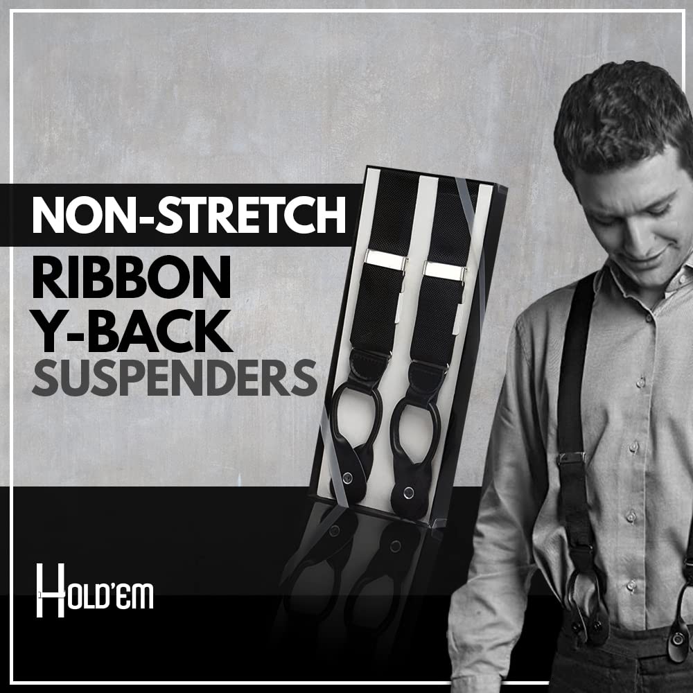 HOLD'EM Suspender for Men MADE IN USA – Y-Back Genuine Leather Trimmed Button End Non-Stretch Tuxedo Suspenders -Black