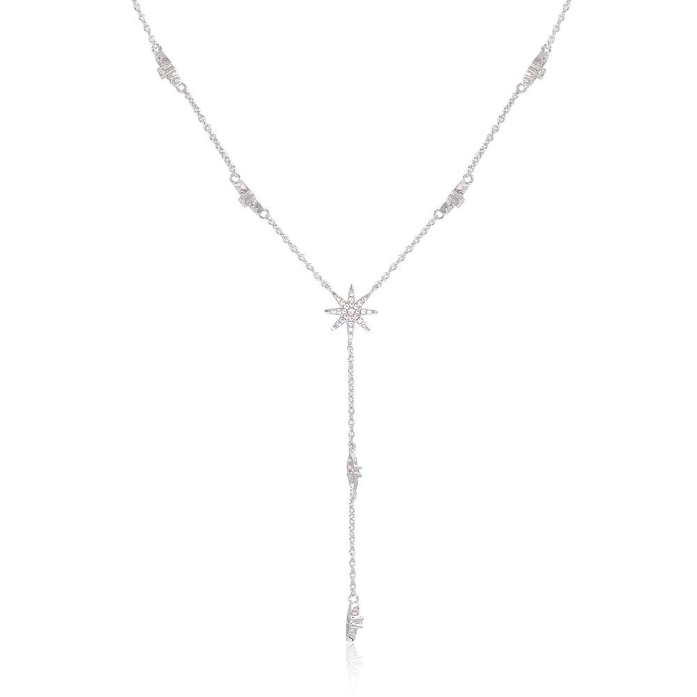 espere Star Drop Y Shaped Lariat Necklace Plated with White Gold