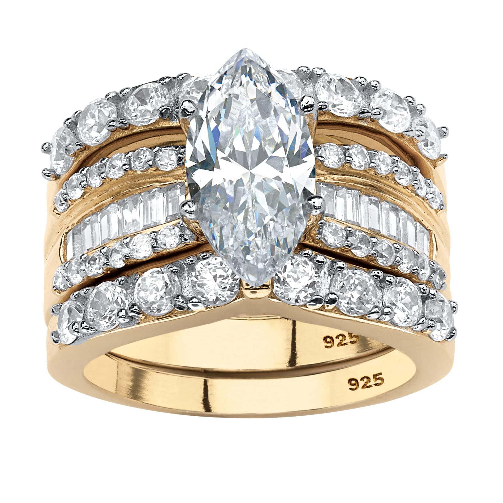 PalmBeach Yellow Gold-Plated or Platinum-Plated Sterling Silver Marquise Cut Cubic Zirconia Bridal Ring Set Size 7