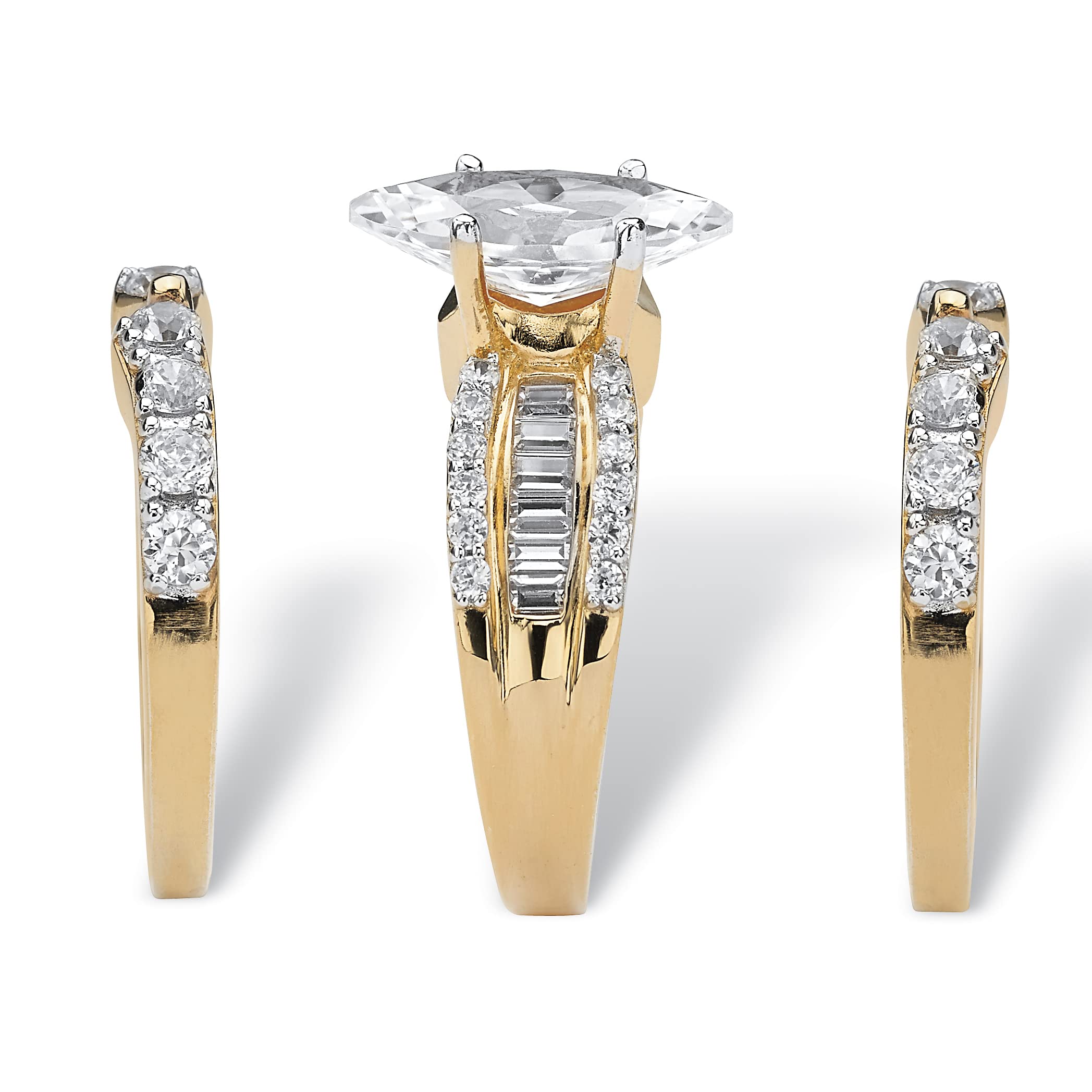 PalmBeach Yellow Gold-Plated or Platinum-Plated Sterling Silver Marquise Cut Cubic Zirconia Bridal Ring Set Size 7