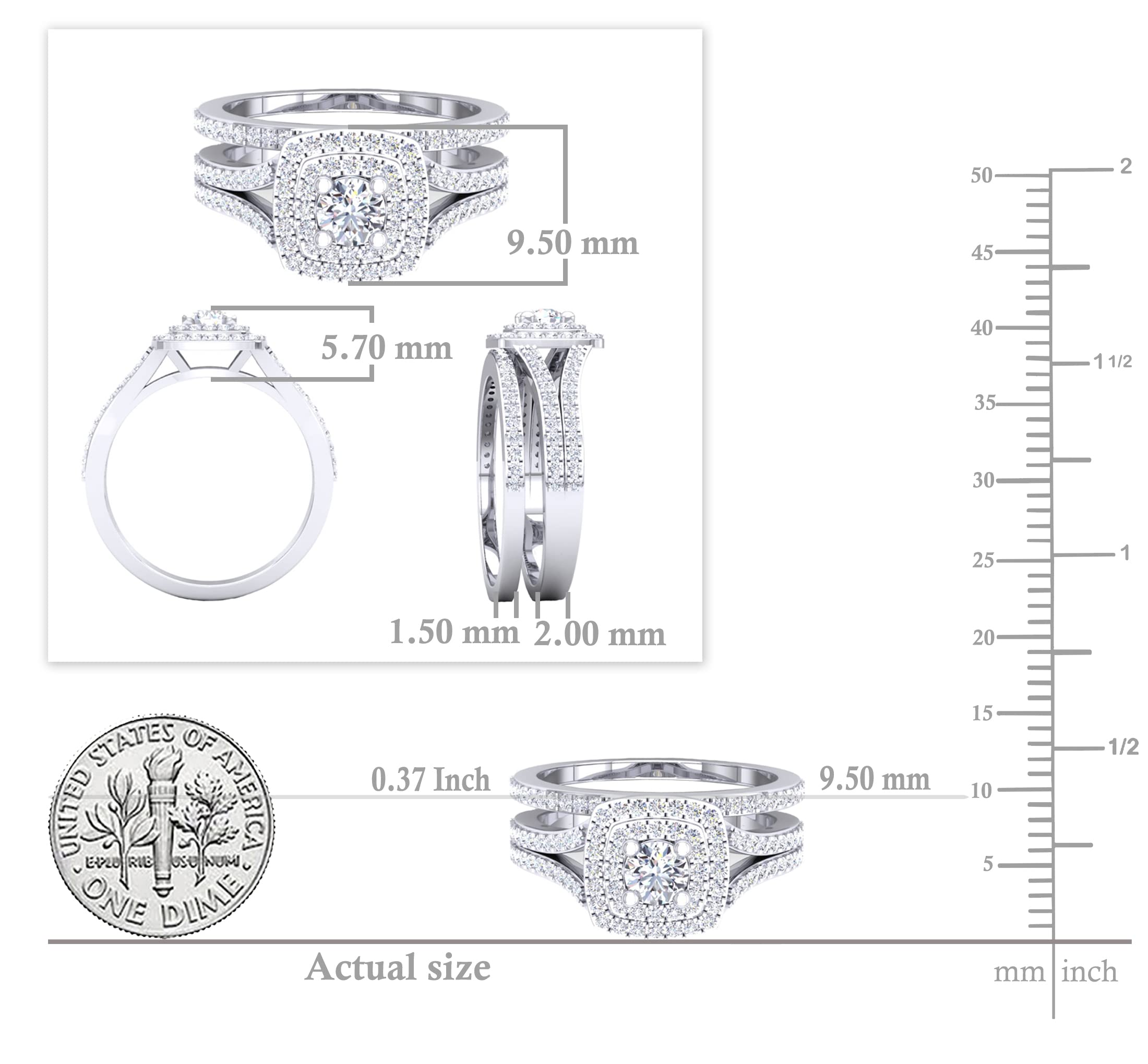 Dazzlingrock Collection 1.50 Carat (ctw) Round White Cubic Zirconia Halo Split Shank Engagement Ring Set for Her in 10K White Gold Size 10