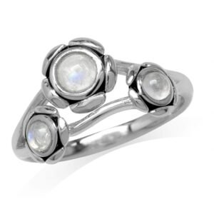 silvershake 3 stone natural moonstone 925 sterling silver flower ring size 6