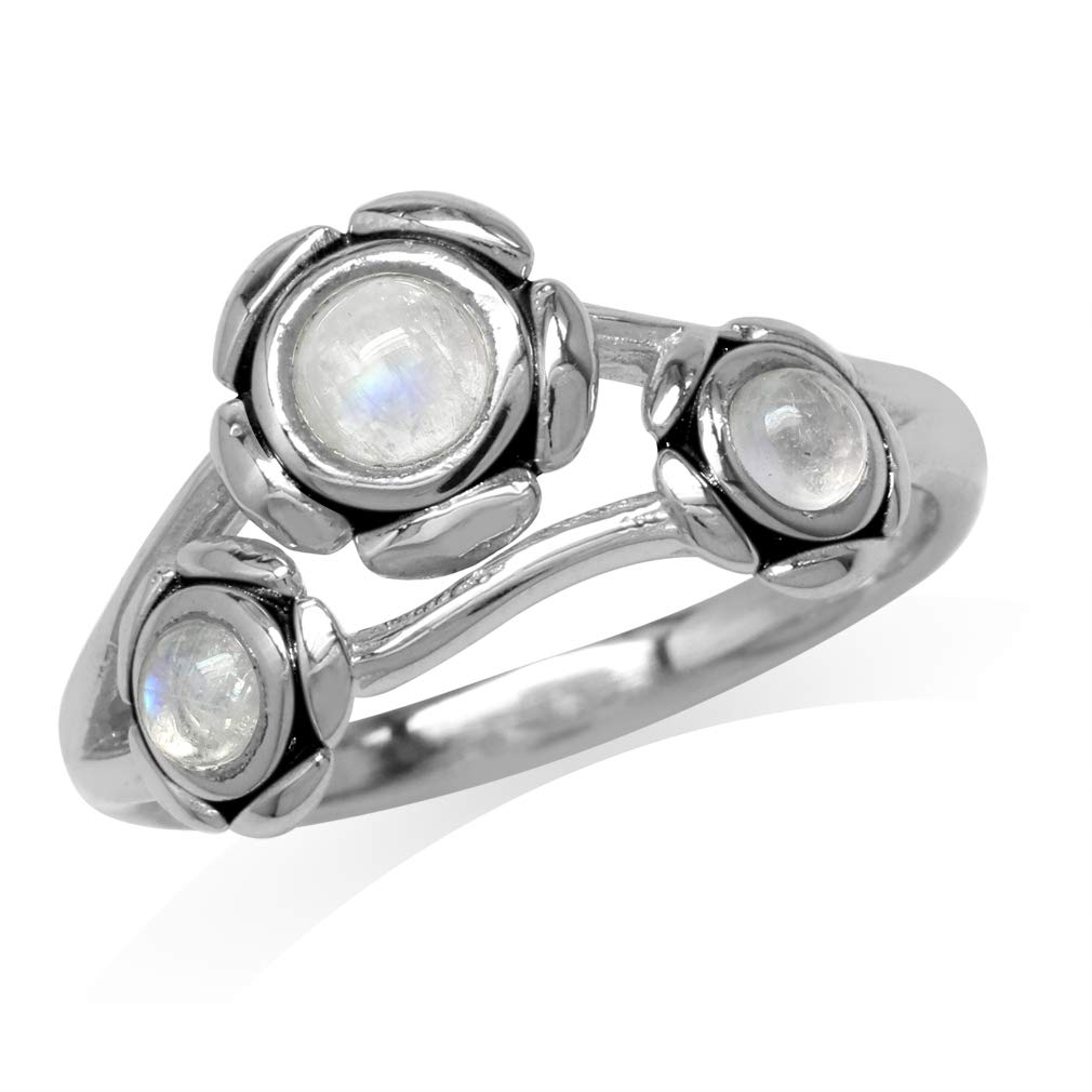 Silvershake 3 Stone Natural Moonstone 925 Sterling Silver Flower Ring Size 6