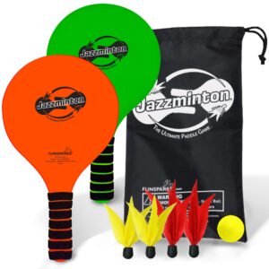 funsparks jazzminton paddle ball game with carry bag - indoor outdoor toy - play at the beach, lawn or backyard - 2 wooden racquets - 4 shuttlecocks - 1 ball