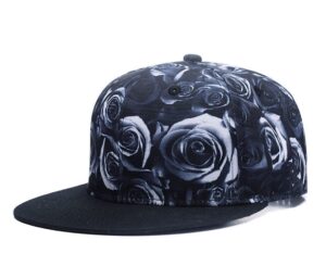 quanhaigou premium floral black white rose twill adjustable snapback hat hip-hop flat peaked baseball caps