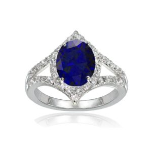 lovve sterling silver created blue sapphire & white topaz oval fashion split shank ring, size 10