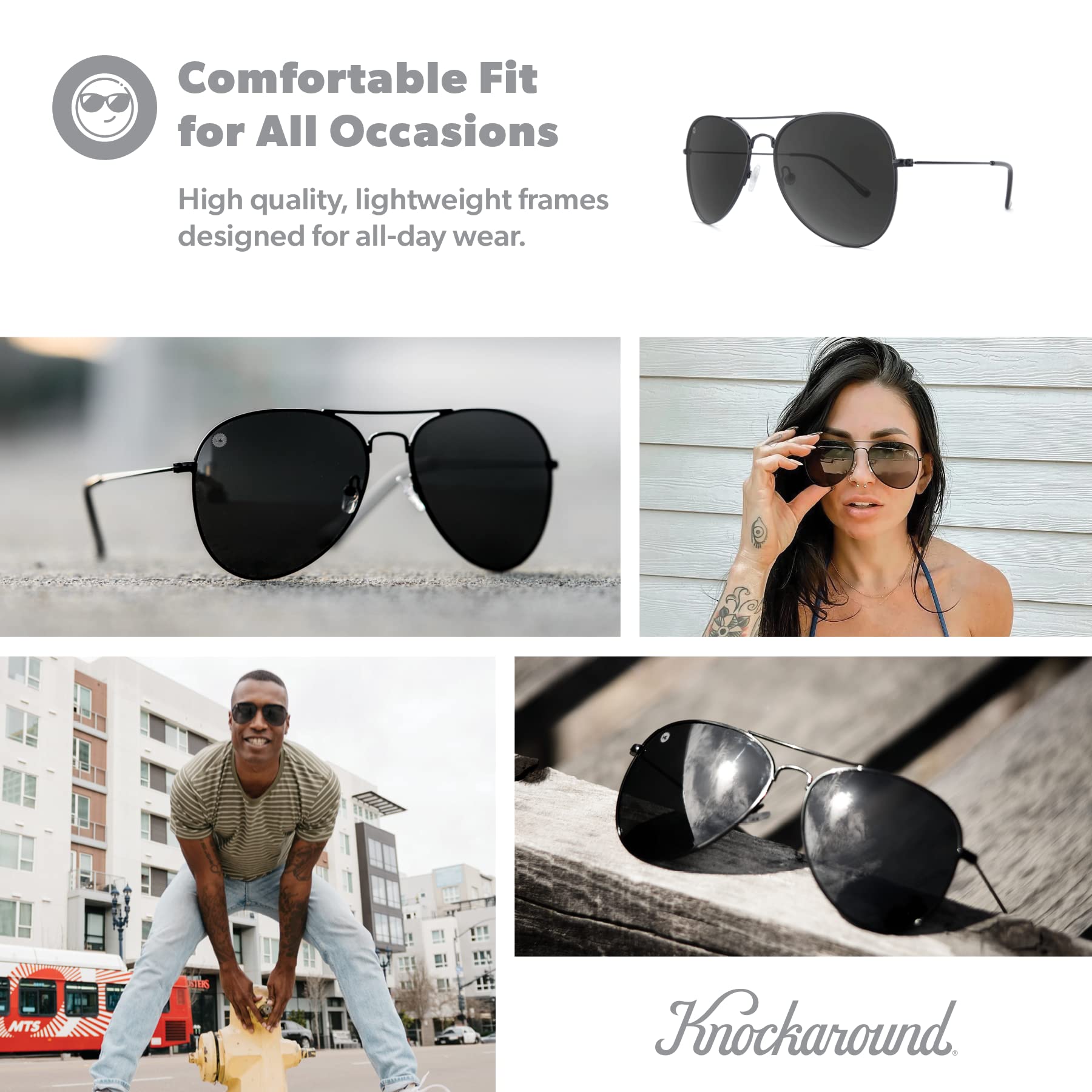 Knockaround Mile Highs Polarized Sunglasses - Aviator Sunglasses with Full UV400 Protection & Impact Resistant Lenses, Black Metal Frames/Black Lenses