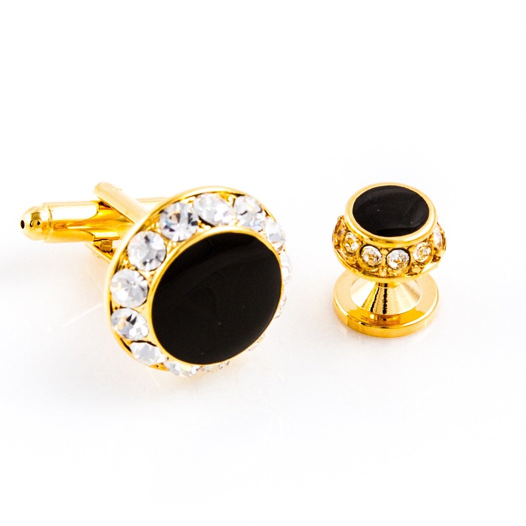 MRCUFF Black Onyx Round Crystal Tuxedo Cufflinks & Studs Set in a Presentation Gift Box & Polishing Cloth