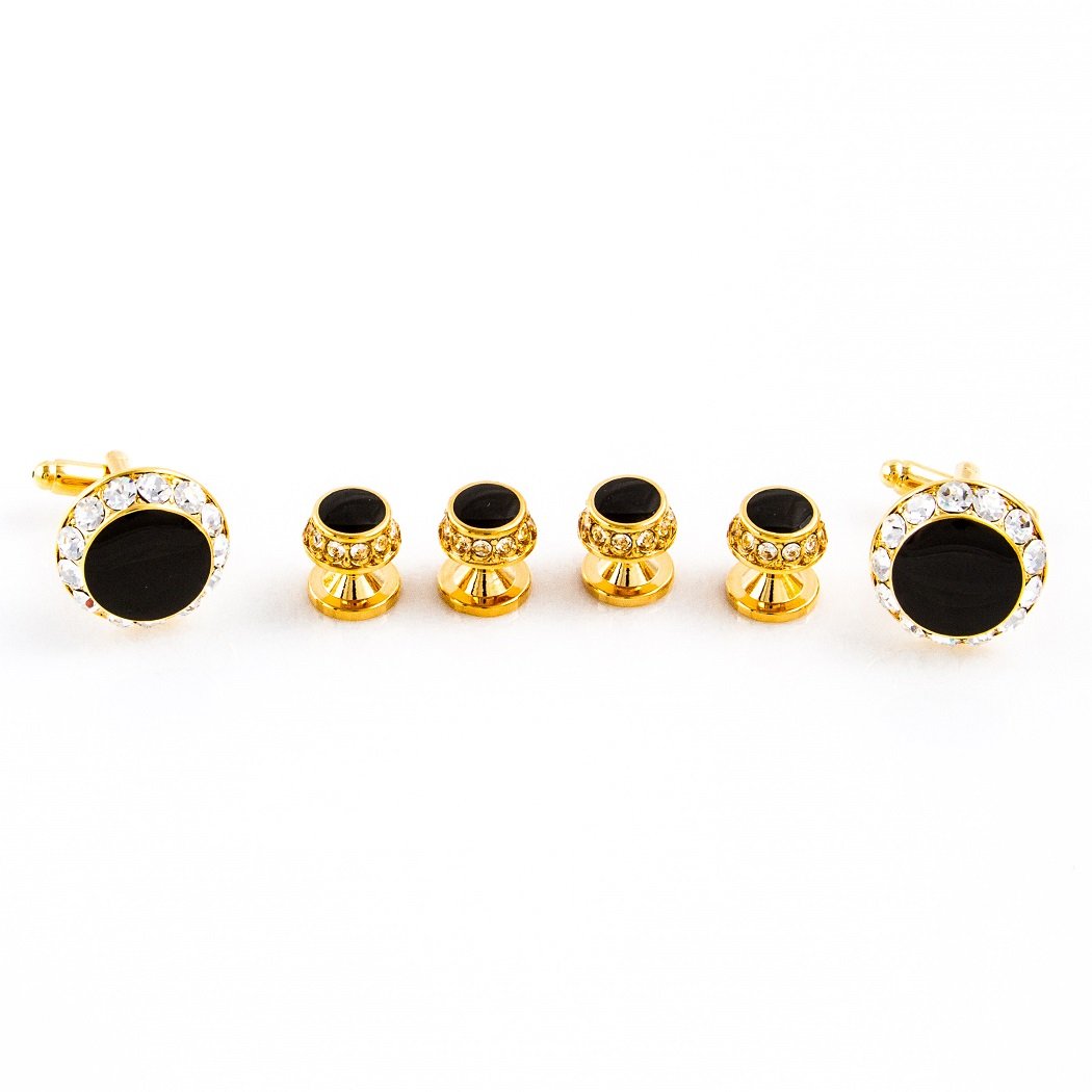 MRCUFF Black Onyx Round Crystal Tuxedo Cufflinks & Studs Set in a Presentation Gift Box & Polishing Cloth