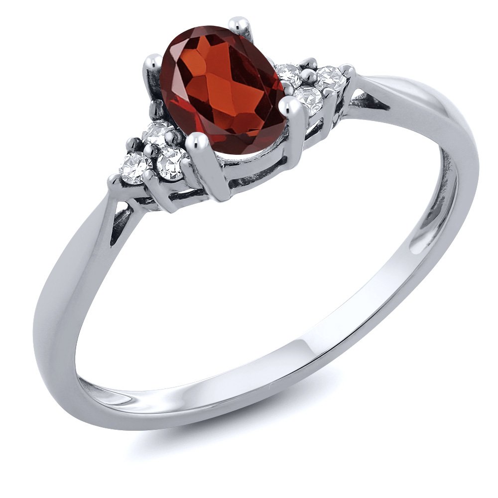 Gem Stone King 14K White Gold Red Garnet and Diamond Engagement Ring For Women (0.56 Cttw, Gemstone Birthstone, Available In Size 5, 6, 7, 8, 9)