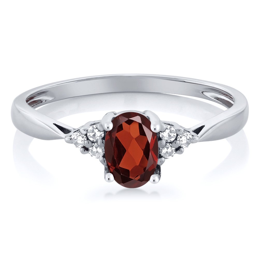 Gem Stone King 14K White Gold Red Garnet and Diamond Engagement Ring For Women (0.56 Cttw, Gemstone Birthstone, Available In Size 5, 6, 7, 8, 9)