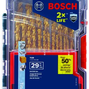 BOSCH TI29 29-Piece Assorted Set Titanium Nitride Coated Metal Drill Bits with Included Case with Three-Flat Shank for Applications in Heavy-Gauge Carbon Steels, Light Gauge Metal, Hardwood