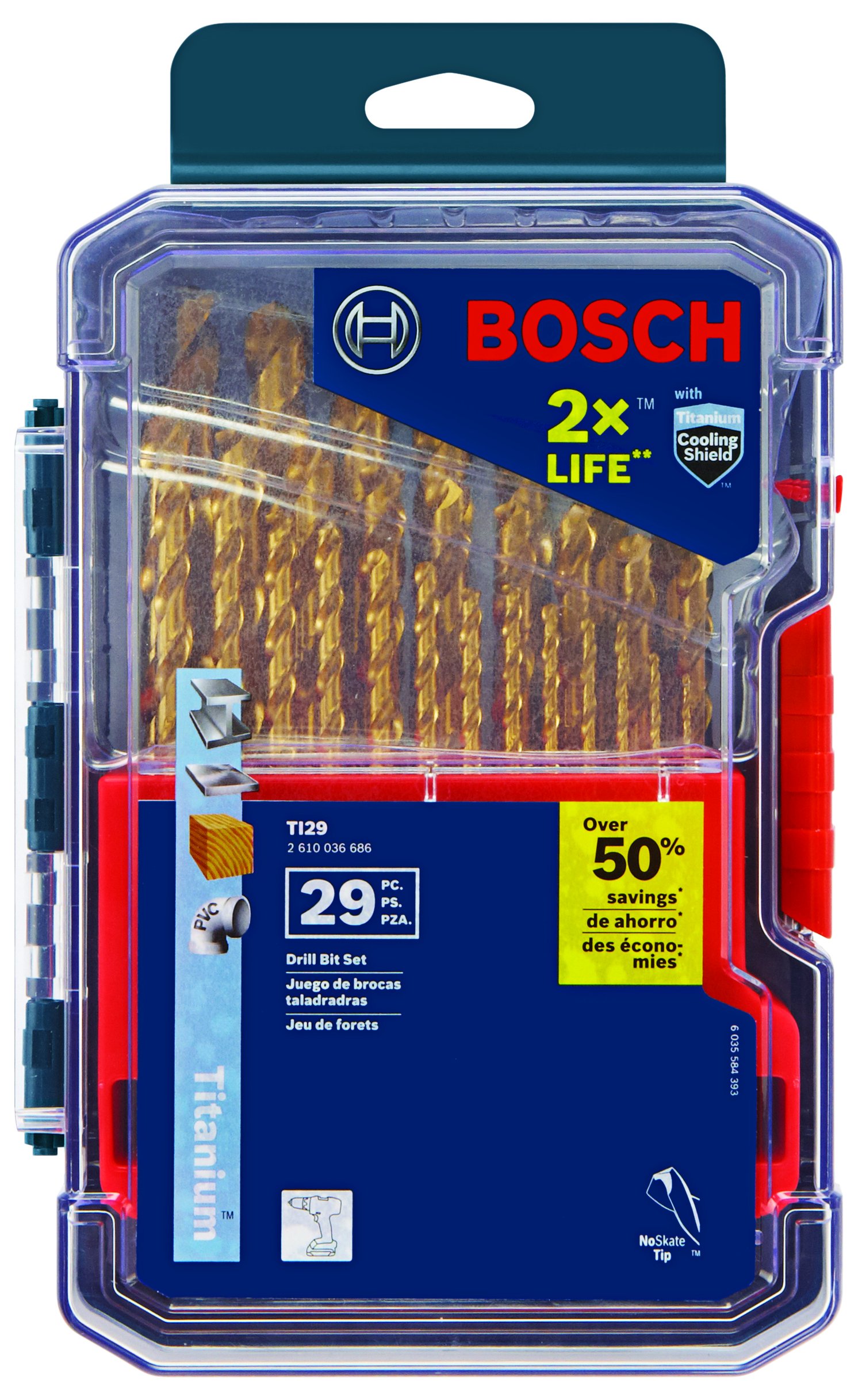 BOSCH TI29 29-Piece Assorted Set Titanium Nitride Coated Metal Drill Bits with Included Case with Three-Flat Shank for Applications in Heavy-Gauge Carbon Steels, Light Gauge Metal, Hardwood