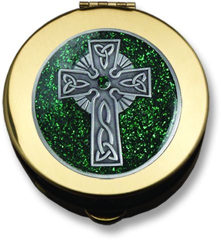 Cathedral Art PS451 Polished Brass PYX - Green Celtic Cross - Small