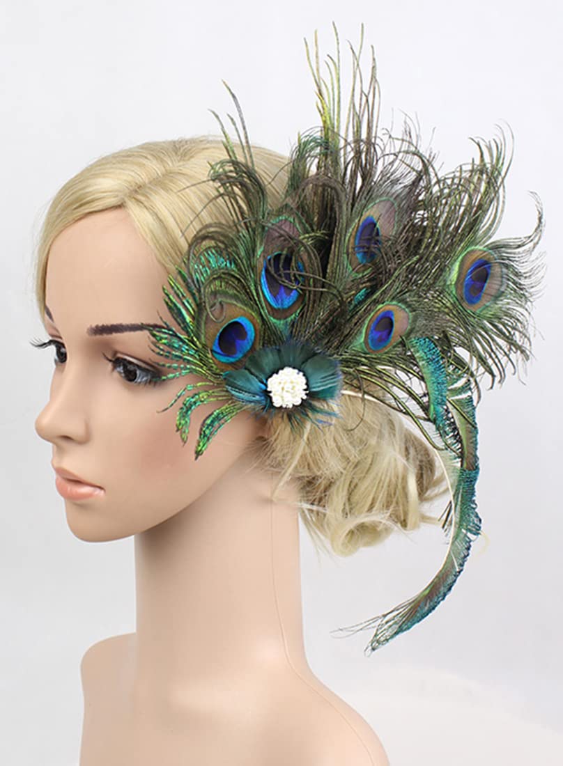 Z&X Peacock Feather Hair Clip Fascinator Hat 1920s Hair Accessories for Women Kentucky Derby Halloween Headpiece