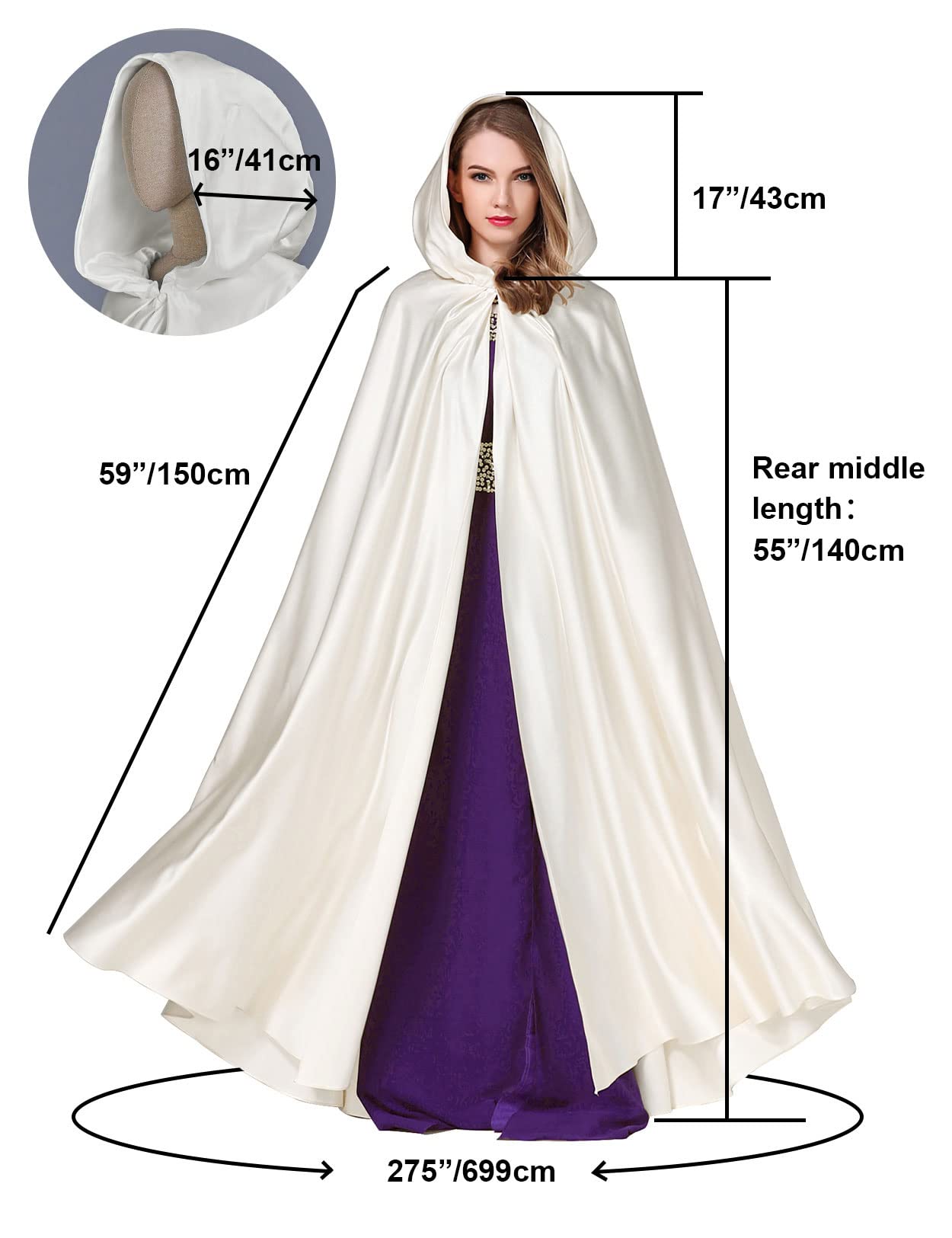 BEAUTELICATE Women's Wedding Hooded Cape Bridal Cloak Poncho Full Length Light Ivory