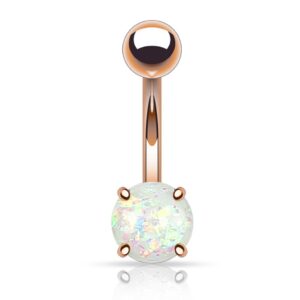 fifth cue 14g opal glitter prong set rose gold ip over 316l surgical steel belly button ring (white)