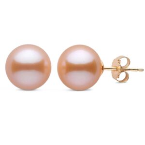 9.0-10.0 mm pink to peach freshadama freshwater cultured pearl stud earrings 14k yellow gold