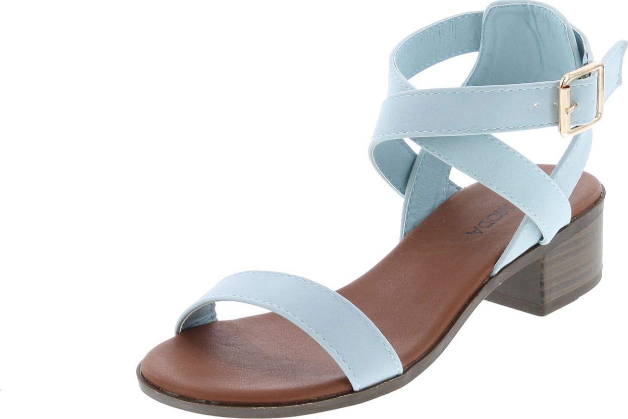 TOP Moda Vision-75 Women's Ankle Wrap Adjustable Buckle Stacked Chunky Heel Sandal,Light Blue,5.5