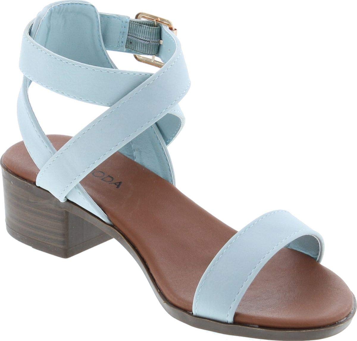 TOP Moda Vision-75 Women's Ankle Wrap Adjustable Buckle Stacked Chunky Heel Sandal,Light Blue,5.5