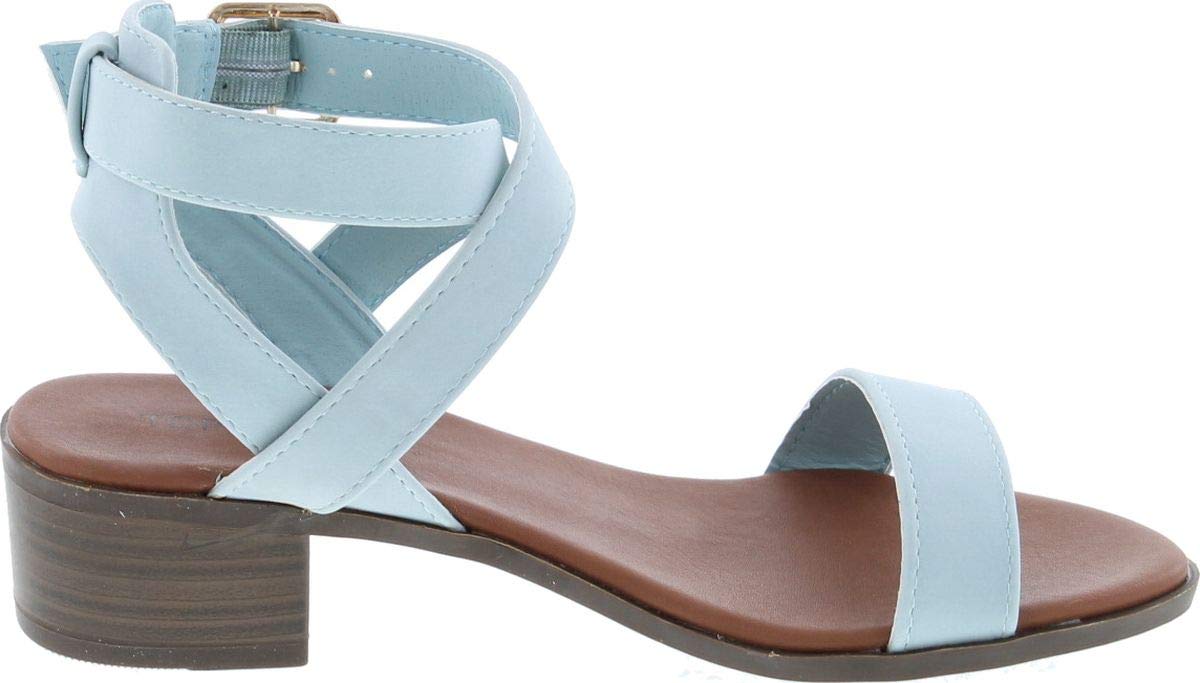 TOP Moda Vision-75 Women's Ankle Wrap Adjustable Buckle Stacked Chunky Heel Sandal,Light Blue,5.5