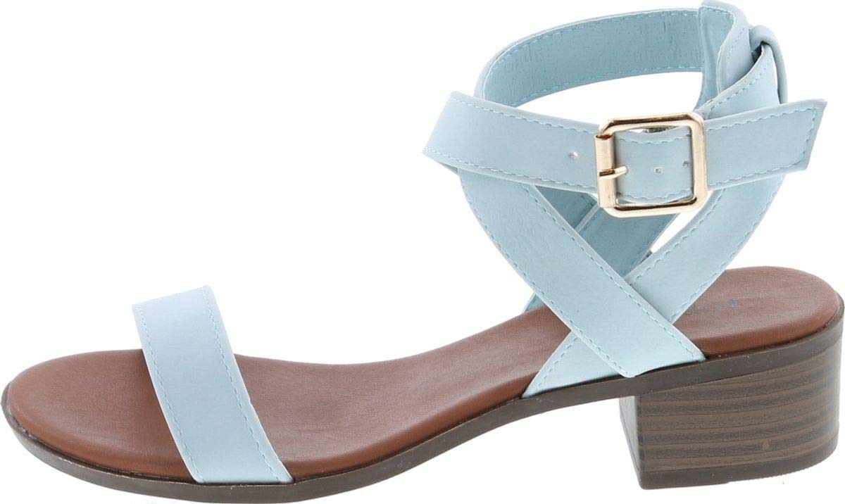 TOP Moda Vision-75 Women's Ankle Wrap Adjustable Buckle Stacked Chunky Heel Sandal,Light Blue,5.5