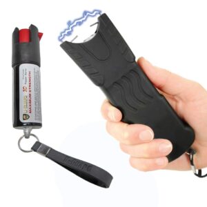 hand held police stun gun flashlight combo with keychain pepper spray self defense kit. high volt rechargeable stun gun & .5oz premium oc pepper spray cs tear gas & uv dye formula made in usa