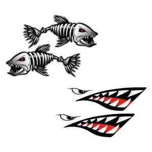 jili online shark teeth mouth decals + skeleton fish stickers - waterproof and durable funny vinyl stickers for kayaks canoes fishing boats