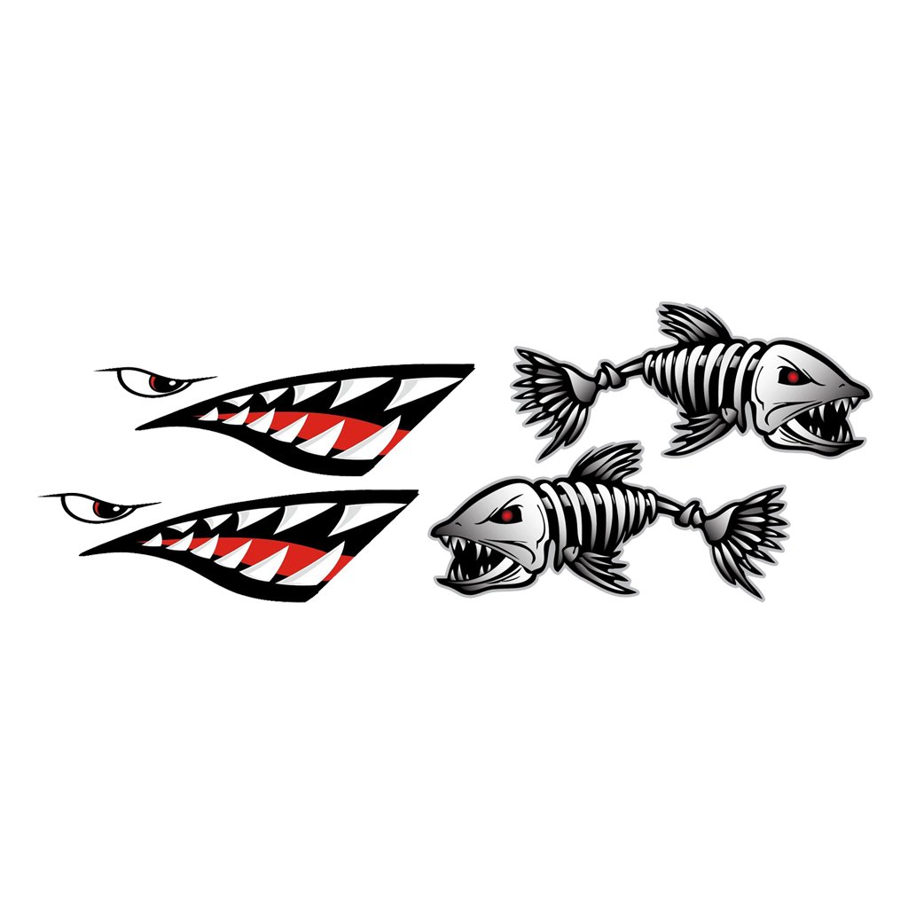 Jili Online Shark Teeth Mouth Decals + Skeleton Fish Stickers - Waterproof and Durable Funny Vinyl Stickers for Kayaks Canoes Fishing Boats