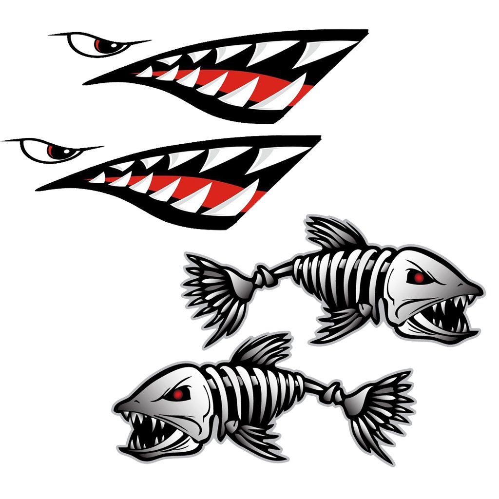 Jili Online Shark Teeth Mouth Decals + Skeleton Fish Stickers - Waterproof and Durable Funny Vinyl Stickers for Kayaks Canoes Fishing Boats