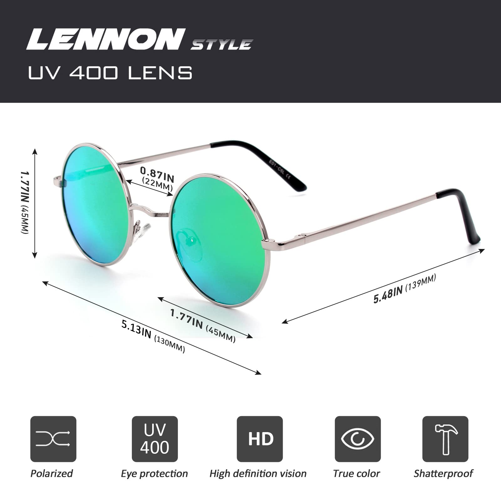 CGID E01 Lennon Polarized Sunglasses with Case for Women Men Circle Round Retro Vintage Sun Glasses Circular Shades Sliver Metal Rimmed Green Mirror Lens, Small 45mm, Gift Package