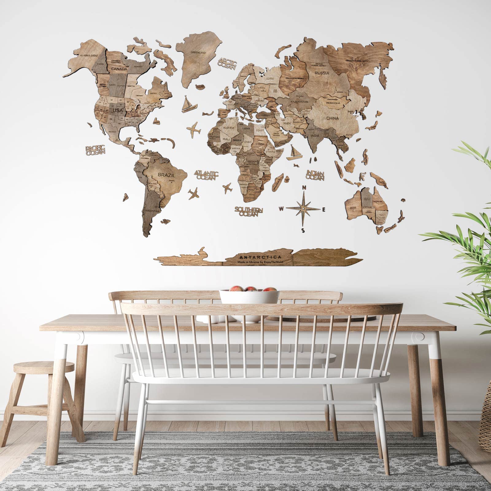 ENJOY THE WOOD 3D Wood World Map Wall Art Large Wood Wall Décor Housewarming Gift Idea Wood Wall Art World Travel Map For Home & Kitchen or Office (Medium, Terra)