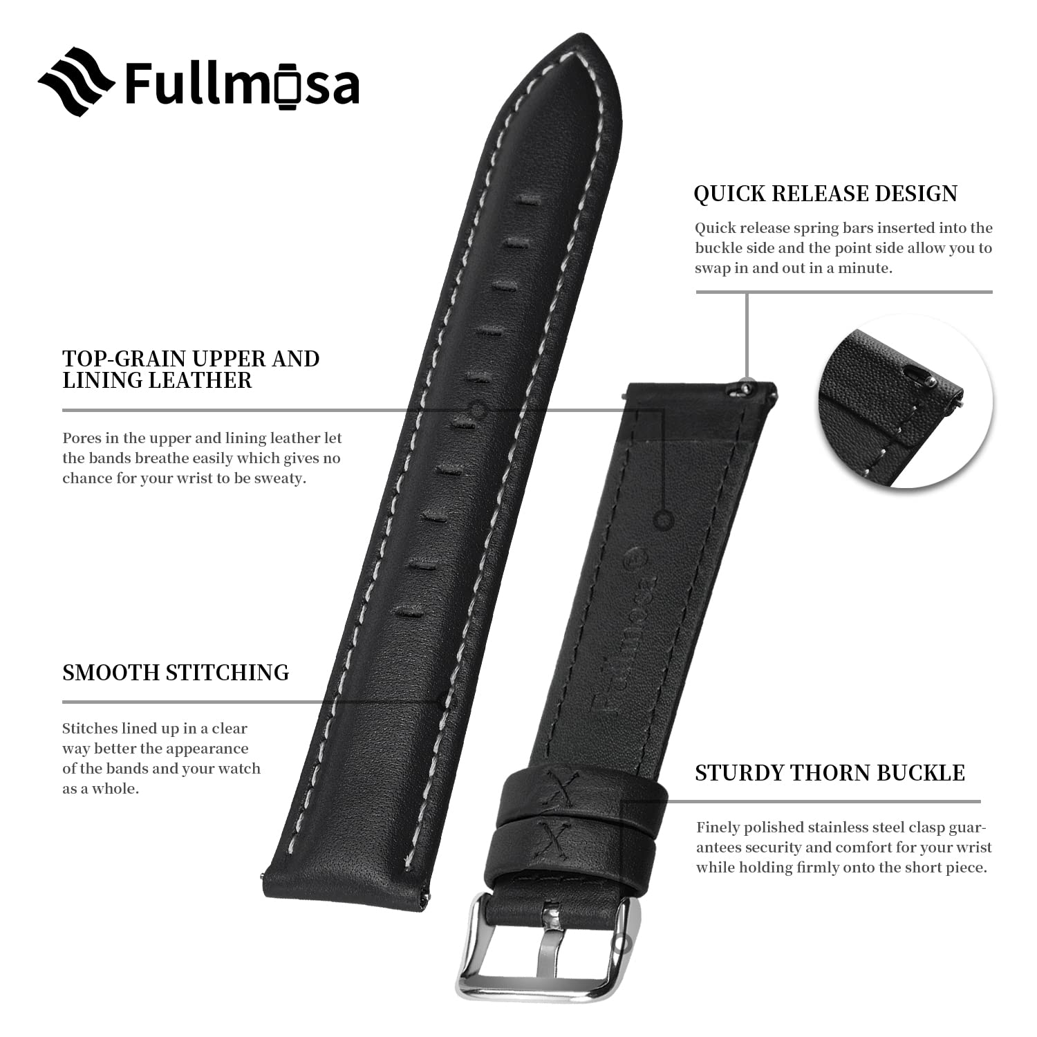 Fullmosa 22mm Leather Watch Bands Compatible with Samsung Galaxy Watch 46mm,Galaxy Watch 3 45mm,Gear S3 Frontier/Classic,Huawei Watch GT,Garmin Vivoactive 4/Forerunner 945,Black