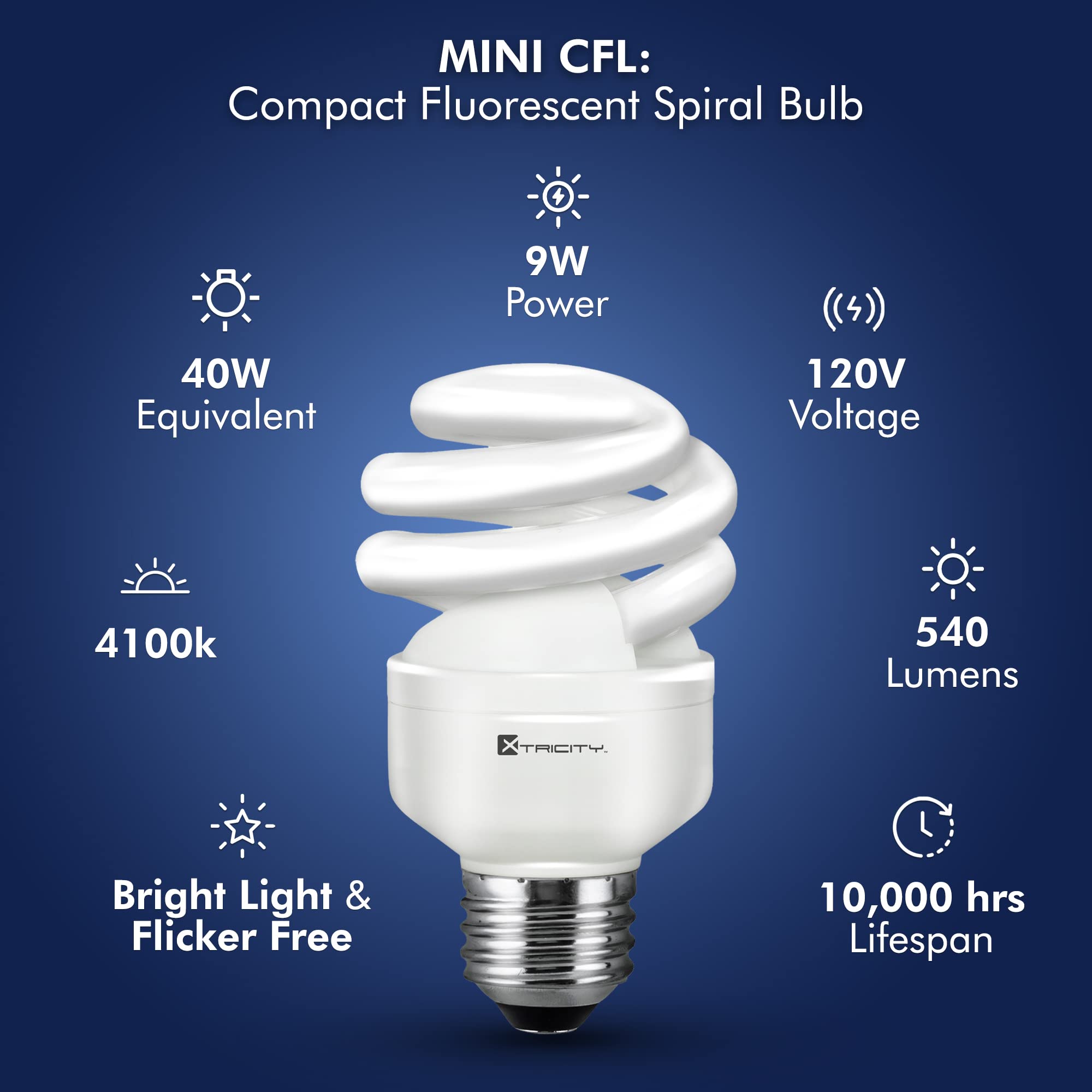 Xtricity Compact Fluorescent Light Bulb T2 Spiral, E26 Base, 9W (40 Watt Equivalent), 4100k Cool White, 540 Lumens, CFL, 120V - UL Listed, (4 Pack)