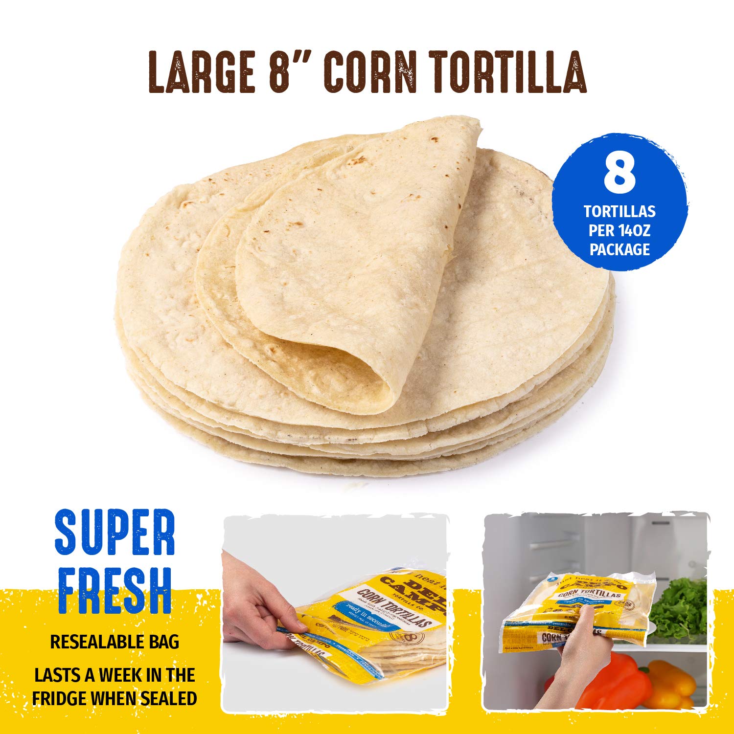 Del Campo Soft Corn Tortillas – 8 Inch Round. 100% Delicious Gluten Free and Authentic Mexican Food. Many Serving Options: Wraps, Tacos, Quesadillas or Burritos, Kosher. (8ct.) (Single)